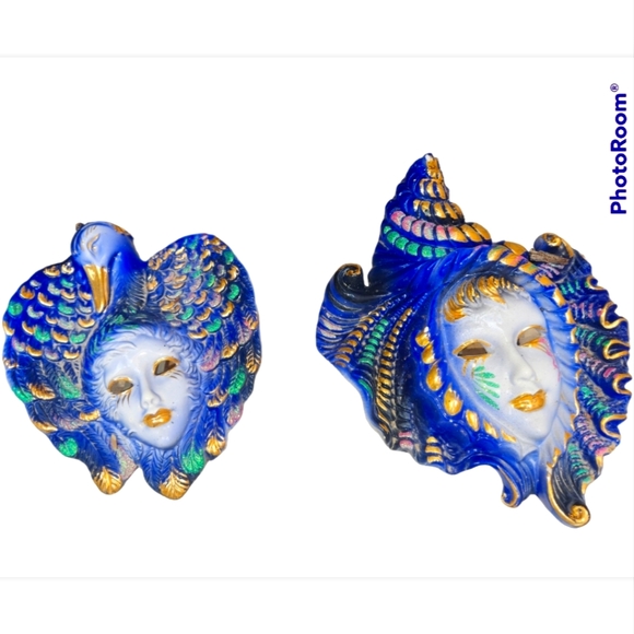 Venezia | Accents | 2 Porcelain Decorative Venetian Masks Gold Blue Lot ...